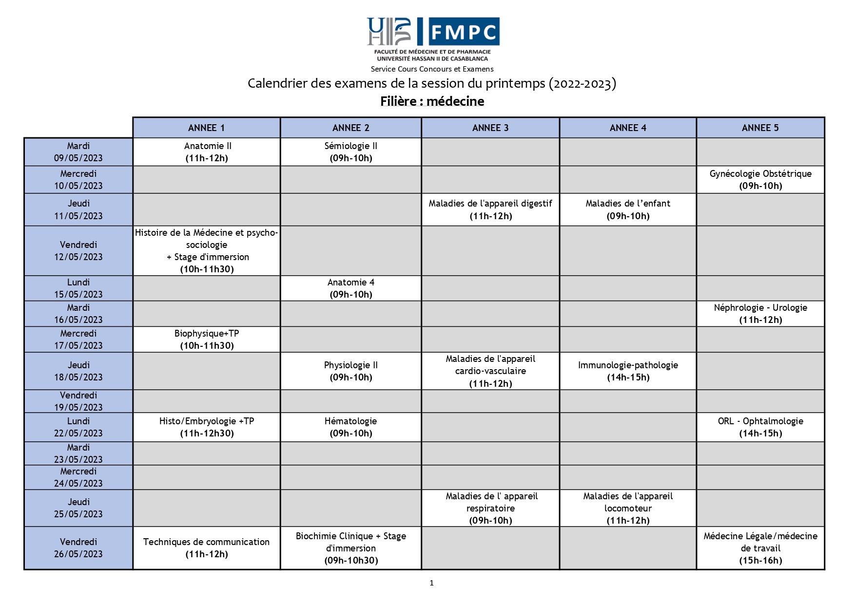 Planning des Examens filière Médecine- Session du Printemps 2023 – FMPC ...