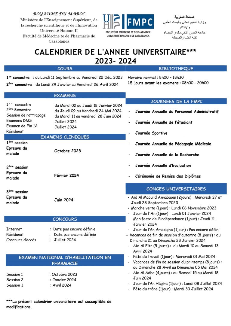 Calendrier de l’annee universitaire 2023 – 2024 – FMPC – Faculté de Médecine et de Pharmacie de ...
