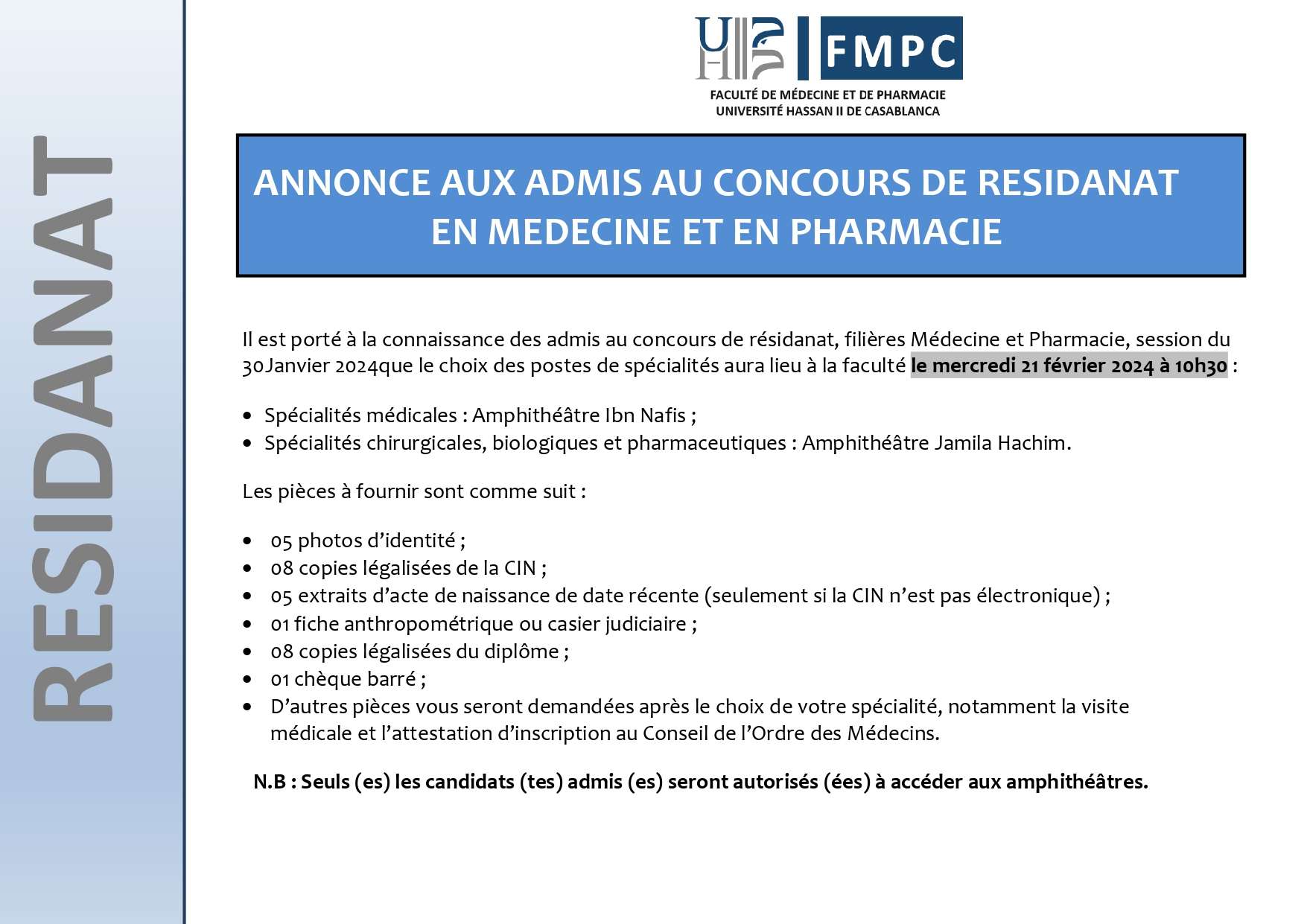 Annonce aux admis au concours de residanat en medecine et en pharmacie ...