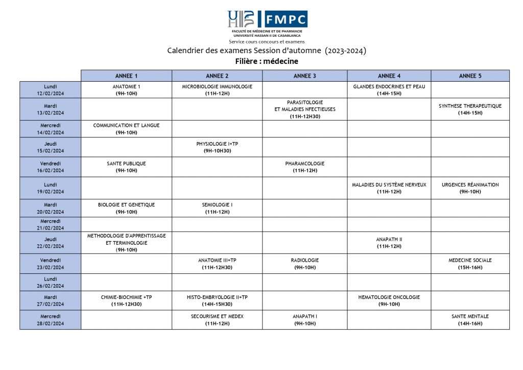 Calendrier des examens Session d’automne (2023-2024) – Filière ...
