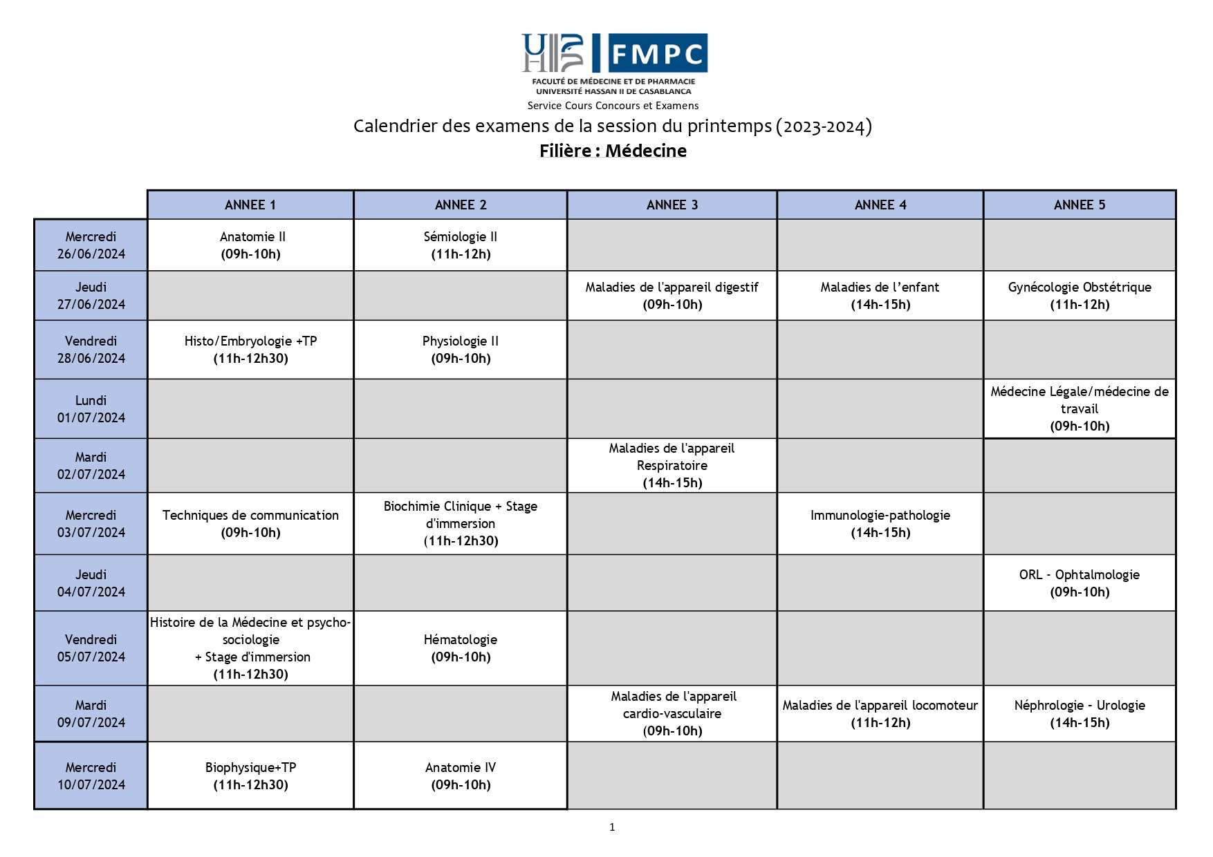 Filière : Médecine | Calendrier des examens de la session du printemps ...