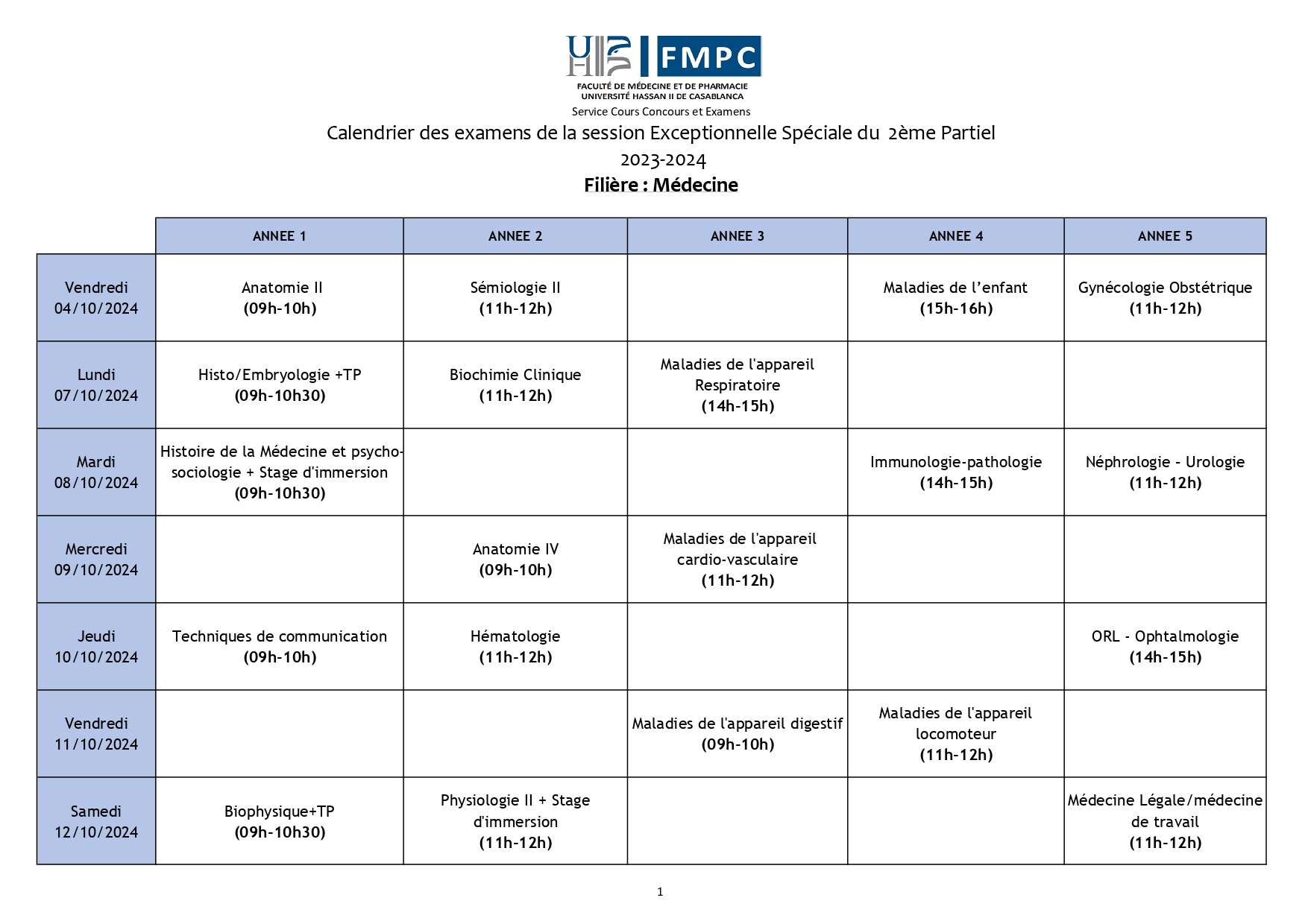 Calendrier des examens de la session Exceptionnelle Spéciale du 2ème ...
