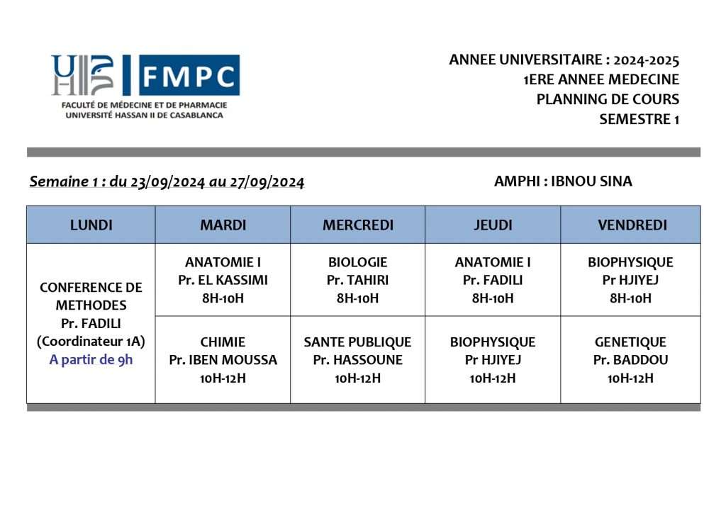 Planning de cours 1ère année Médecine (Semestre 1) 2024-2025 – FMPC ...
