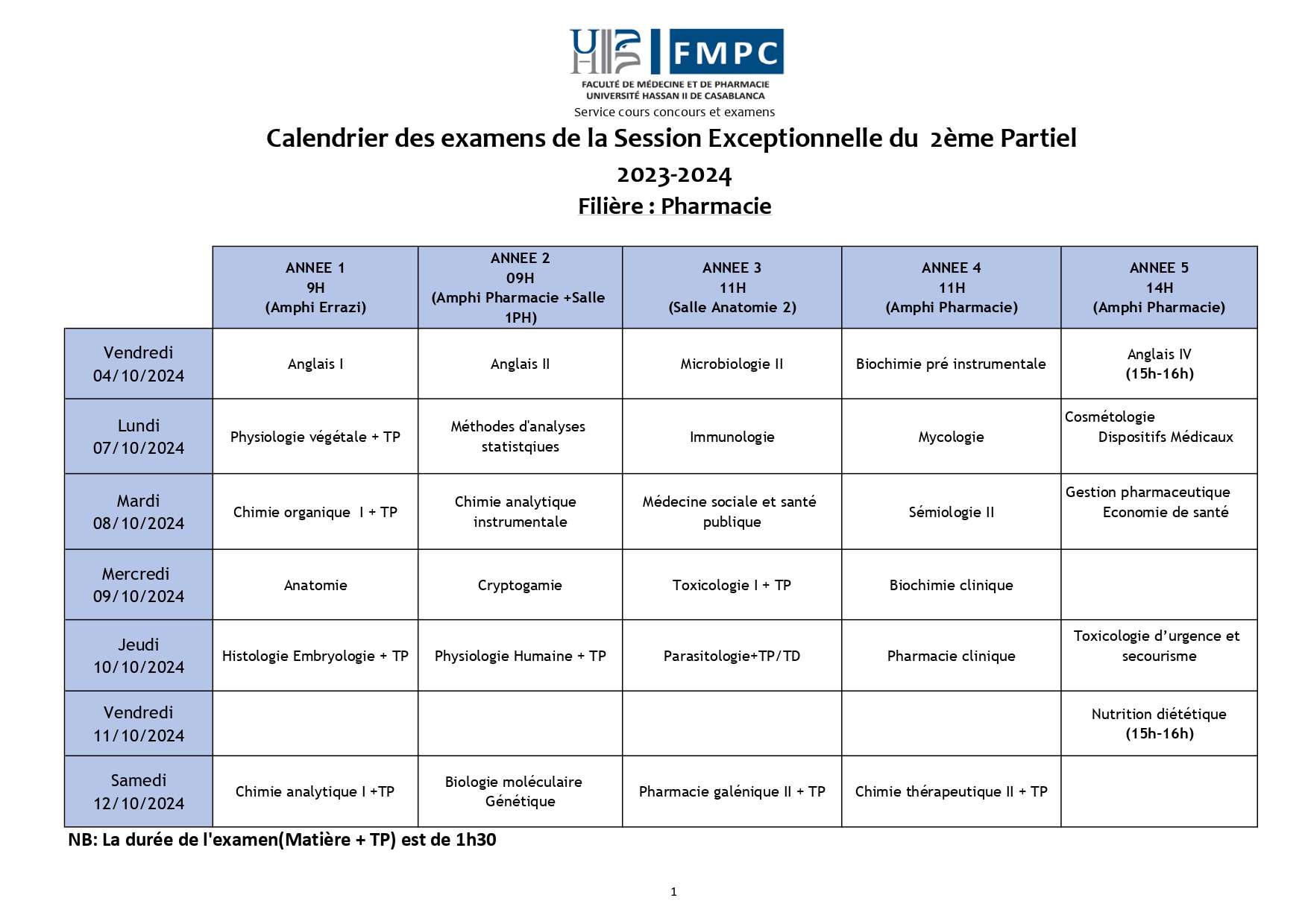 Calendrier des examens de la Session Exceptionnelle Spéciale du 2ème ...