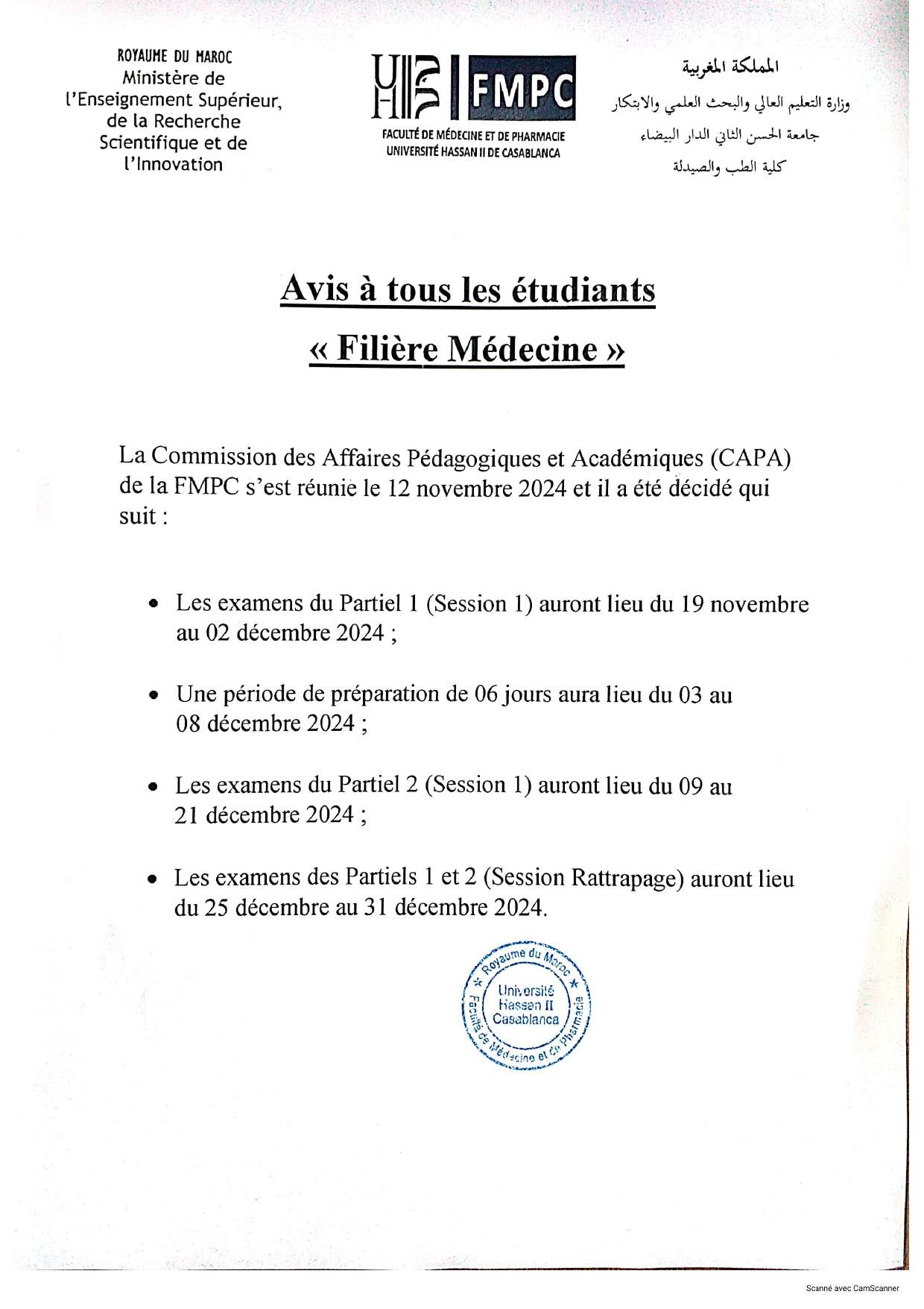 Avis à tous les étudiants de la filière Médecine – FMPC – Faculté de ...