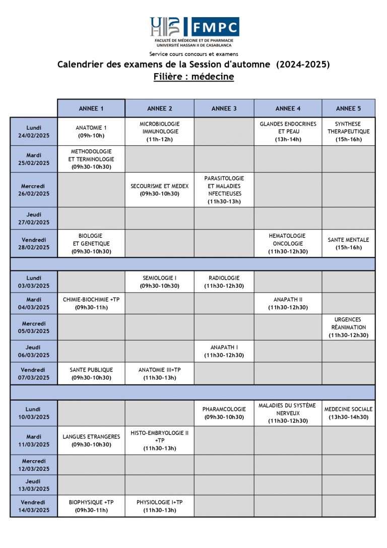 Calendrier des examens de la Session d’automne (2024-2025) Filière : médecine – FMPC – Faculté ...